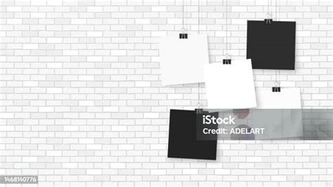 바인더 클립의 포스터 벽돌 벽에 종이 템플릿 현실적인 모형 비즈니스 디자인을 위한 빈 메모장 시트입니다 벽돌 벽 레터링 인용문 이미지 또는 로고를 위한 벡터 템플릿입니다