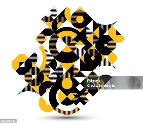 기하학적 추상 미술 원과 다른 모양의 타일이 있는 벡터 기하학적 배경 줄무늬 질감 모더니즘 스타일 선형 모티프 창의적인 디자인 0명에 대한 스톡 벡터 아트 및 기타 이미지