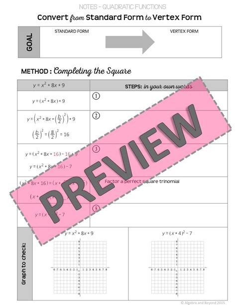 Quadratic Functions Convert Standard To Vertex Lesson Warm Up Gui Algebra And Beyond
