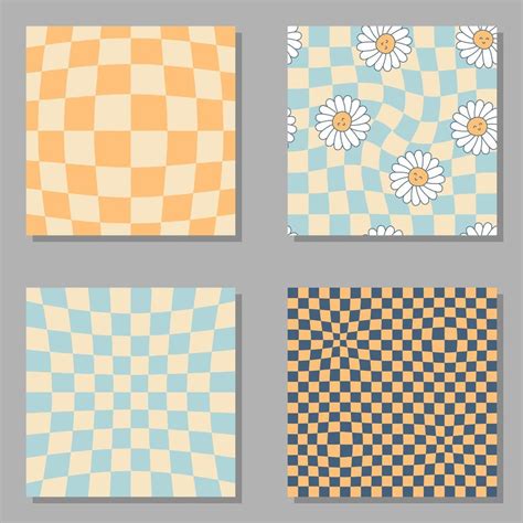 Chamomile Flowers Trippy Grid Wavy Checkerboard Seamless Pattern Set 11395307 Vector Art At
