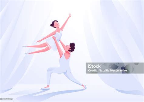 발레 댄서 커플 성능 플랫 컬러 벡터 일러스트 무대 2d 만화 캐릭터에 극장 댄스 파트너 운동 우아한 발레리나 에 투투 에 화이트 커튼 배경 발레에 대한 스톡 벡터 아트 및