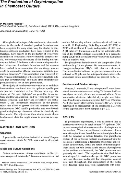 The Production Of Oxytetracycline In Chemostat Culture Rhodes 1984 Biotechnology And