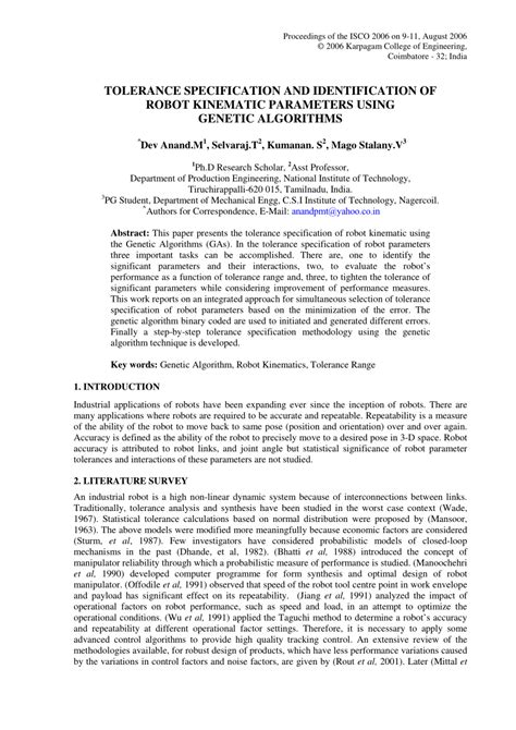 Pdf Tolerance Specification And Identification Of Robot Kinematic