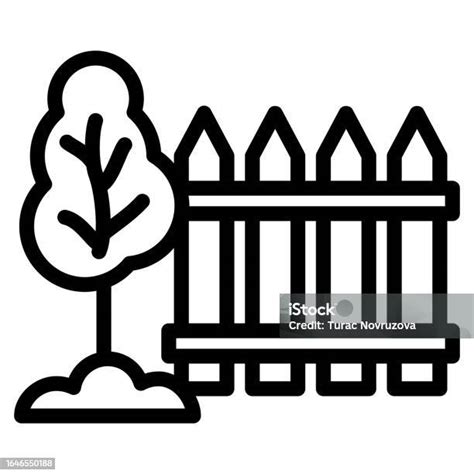울타리와 나무 선 아이콘 정원과 정원 가꾸기 개념 흰색 배경에 정원 표지판 모바일 웹 디자인을 위한 개요에 있는 나무 울타리 아이콘 뒤에 있는 과일 나무 벡터 그래픽 나무에