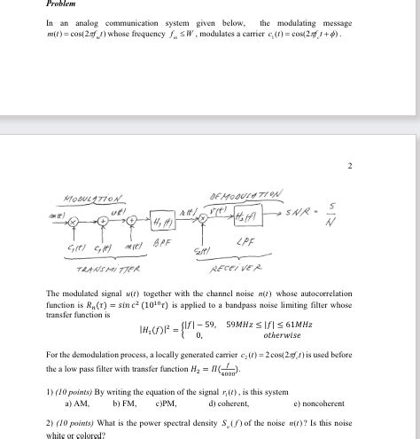Prablem In An Analog Communication System Given Chegg Com
