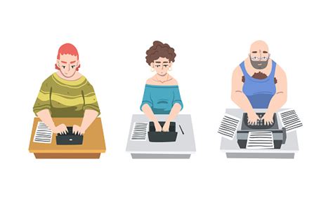 기사를 쓰는 저자 세트 타자기와 노트북 컴퓨터 만화 벡터 일러스트레이션에 타이핑하는 남성과 여성 작가 타자 치기에 대한 스톡
