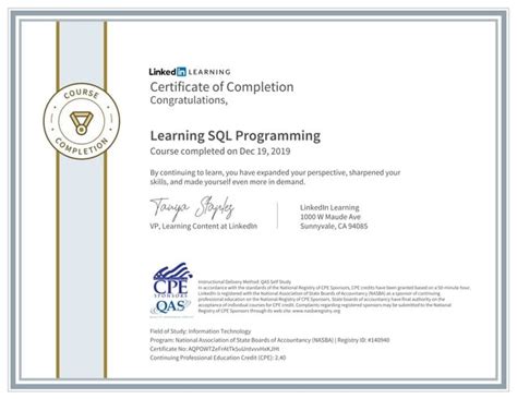Certificate Of Completion Learning Sql Programming Pdf