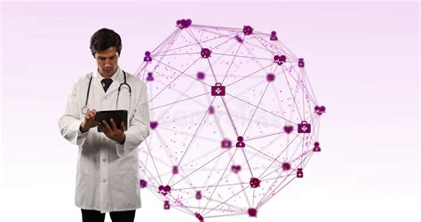 Image Of Network Of Connection With Interface Medical Icons And A Caucasian Male Doctor Using A