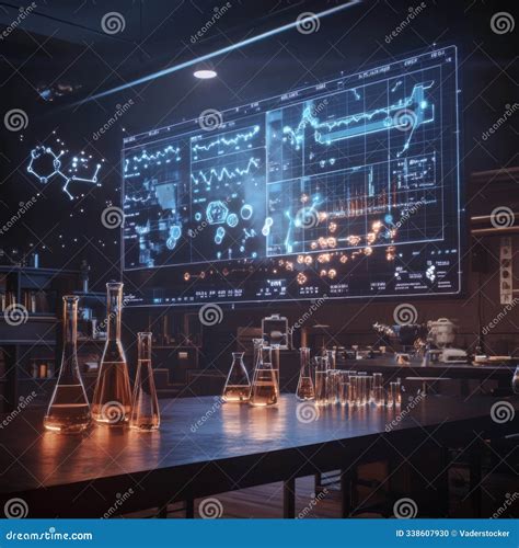 Futuristic Laboratory With Digital Display And Chemical Apparatus Stock Illustration