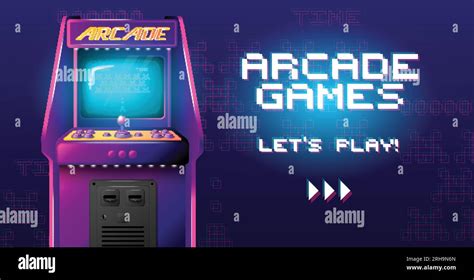 Realistic Arcade Game Horizontal Poster With Ornate 8bit Style Text And