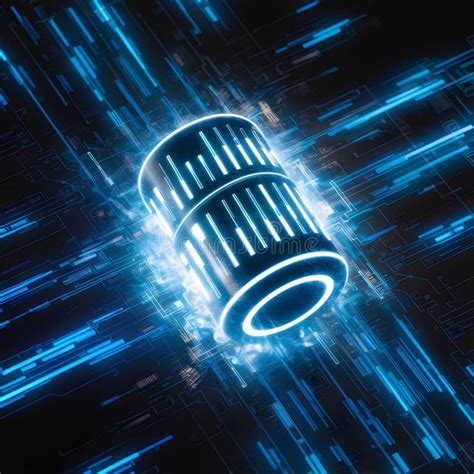Futuristic Cylindrical Object Emitting Radiant Blue Glow Amidst Digital Matrix Patterns Stock