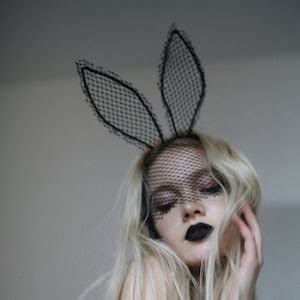 Nocturnal Fever Black Lace Bunny Mask With Net Veil And Tall Ears Etsy