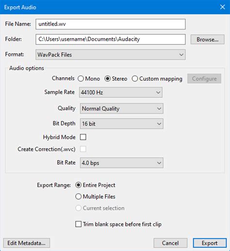 Wavpack Export Options Audacity Manual