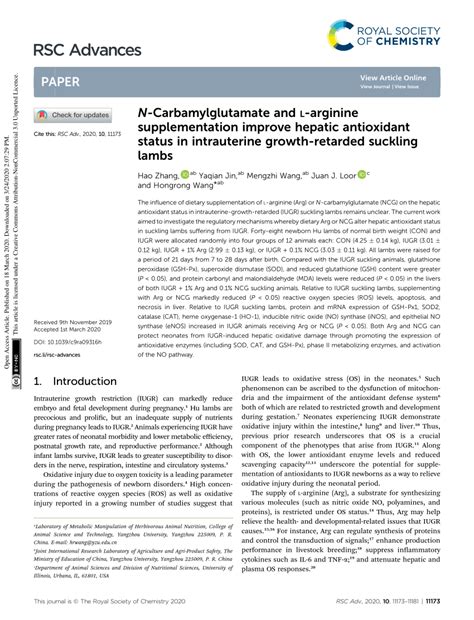 Pdf N Carbamylglutamate And L Arginine Supplementation Improve Hepatic Antioxidant Status In
