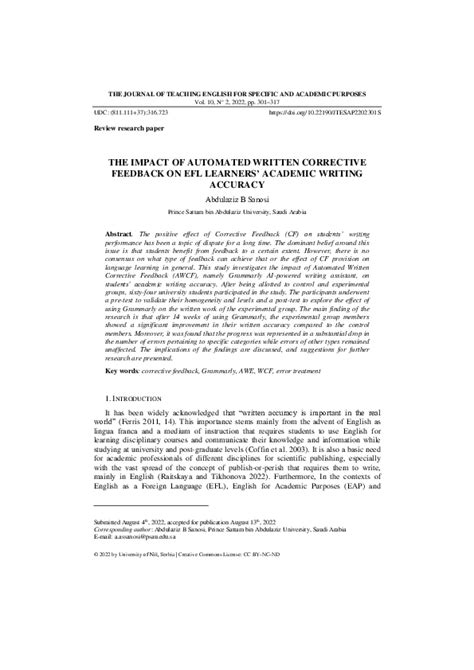 Pdf The Impact Of Automated Written Corrective Feedback On Efl Learners Academic Writing Accuracy