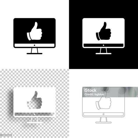 엄지 손가락이 있는 데스크톱 컴퓨터 디자인 아이콘입니다 빈 흰색 및 검은색 배경 선 아이콘 개념에 대한 스톡 벡터 아트 및 기타