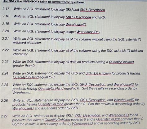 Solved Use Only The Inventory Table To Answer These