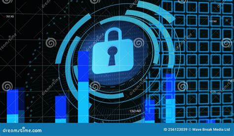 Image Of Scope Scanning With Padlock Icon And Graph Over World Map On Black Background Stock