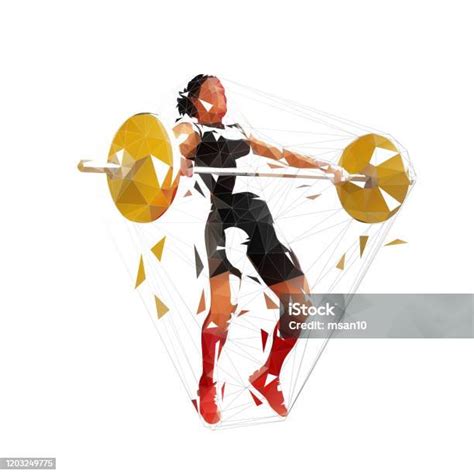 역도 스쿼트 강한 역도 여자 Litfs 큰 바벨 낮은 폴리 벡터 고립 된 그림 역도에 대한 스톡 벡터 아트 및 기타 이미지