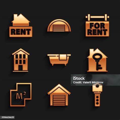 세트 욕조 차고 집 열쇠 와 계획 임대 및 아이콘에 대한 행잉 사인 벡터 가정의 방에 대한 스톡 벡터 아트 및 기타 이미지