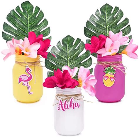 Hawaii Luau Mason Jar Table Centerpiece With Hibiscus Flowers Monstera