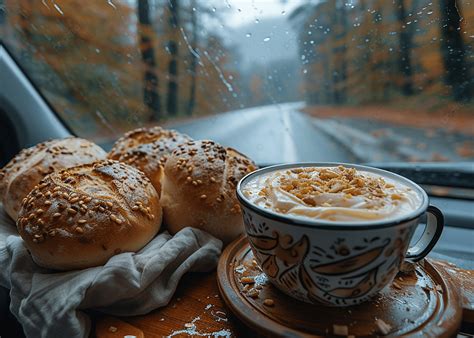 Cup Of Milk With For Breads In A Car Background Tea Bread Car