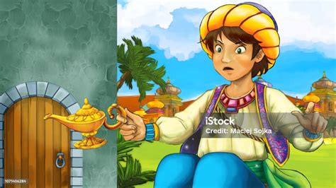 중세 아랍 왕국 왕자 또는 왕 여행 만화 장면 나무 문 입구근처 극동 장식품다양 한 사용에 대 한 단계 건축에 대한 스톡 벡터 아트 및 기타 이미지 Istock