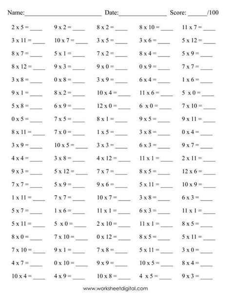10 Printable Math Drills Multiplication Timetable 0 To 12 Practice Speed Counting Instant