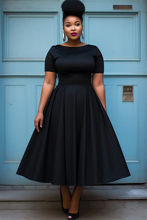 Xpluswear Design Plus Size Semi Formal Black Round Neck Short Sleeve Midi Dresses Xpluswear