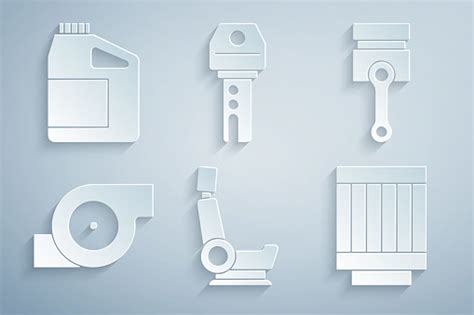 자동차 시트 엔진 피스톤 자동차 터보 차저 에어 필터 모터 오일 아이콘을 위한 리모컨 및 캐니스터키 를 설정합니다 벡터 3차원 형태에 대한 스톡 벡터 아트 및 기타 이미지