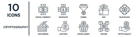 암호화 개요 아이콘 세트에는 얇은 선 디지털 통화 깔때기 블록 체인 현금 가방 비트 코인 암호화 지갑 보고서 프리젠 테이션