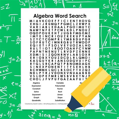 Algebra Word Search Puzzle Math Love