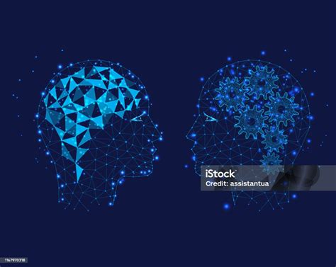 기어 바퀴와 뇌 합리적이고 창조적 인 사고 사람들 인간 사고의 개념 사고 과정의 시각화 생각의 탄생 파란색 배경에 삼각형과 점의 다각형 그림입니다 가상현실에 대한 스톡 벡터