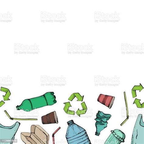 손으로 그린된 낙서 플라스틱 오염 완벽 한 패턴입니다 벡터 일러스트 레이 션 스케치 기호 컬렉션입니다 부 대 병 패키지 오염 일회용 접시 빨 대 플라스틱 제품 재활용입니다