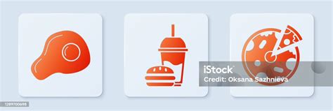 빨대와 햄버거 스크램블 에그와 피자를 마시는 종이 유리를 설정합니다 흰색 정사각형 버튼 벡터 건강한 생활방식에 대한 스톡 벡터