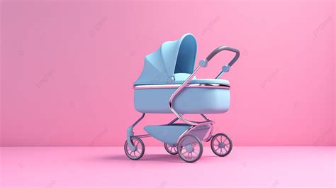 활기찬 분홍색 배경에 3d 렌더링이 있는 매끄러운 파란색 유모차 유모차 출산 아기 돌보기 배경 일러스트 및 사진 무료