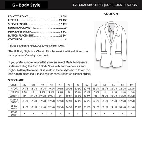 Suit Jackets Coat Size Chart