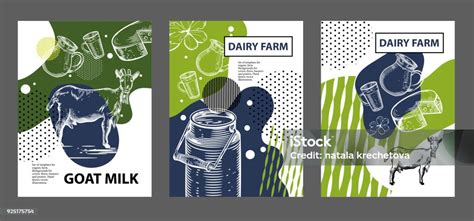 농업 소책자 레이아웃 디자인입니다 우유 농장에 대 한 배경의 예입니다 염소 우유 파 주전자 컵의 벡터 이미지 기하학적 구성입니다