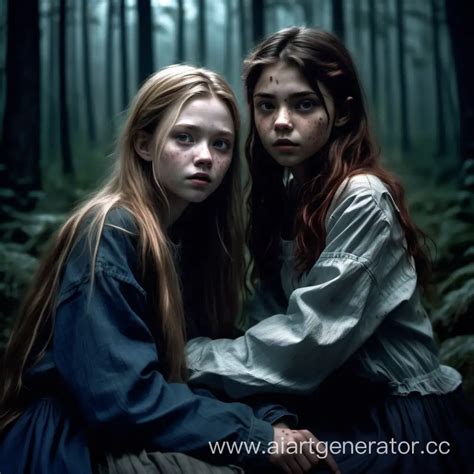 Mysterious Encounter Lydia And Sofia In The Enchanted Forest At Night Ai Art Generator