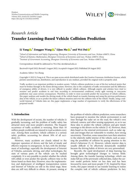 Pdf Transfer Learning Based Vehicle Collision Prediction