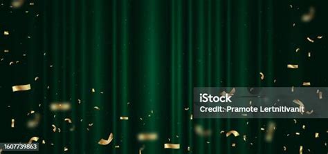 녹색 커튼 배경입니다 황금 색종이 배너와 리본 축하 그랜드 오프닝 파티 행복한 개념입니다 벡터 그림 녹색에 대한 스톡 벡터 아트