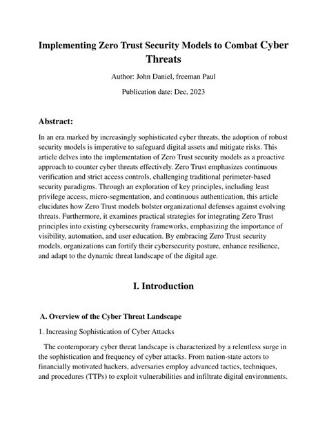 Pdf Implementing Zero Trust Security Models To Combat Cyber Threats