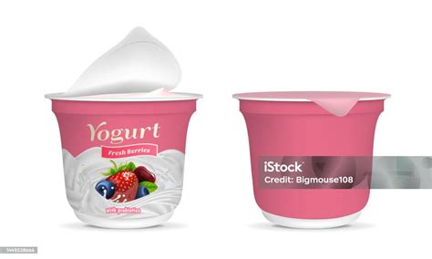 현실적인 상세한 3d 오픈 신선한 딸기 요구르트 포장 용기 및 빈 템플릿 모형 세트 벡터 야쿠르트에 대한 스톡 벡터 아트 및 기타 이미지 야쿠르트 닫은 딸기 Istock