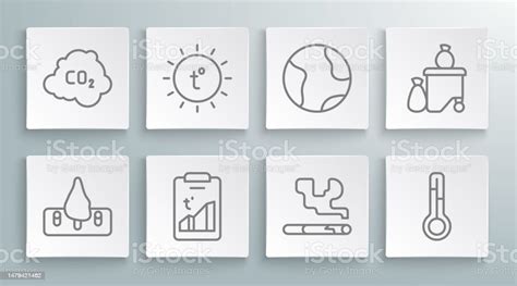 세트 라인 삼림 벌채 태양 지구 온난화 담배 기상 온도계 지구 지구 전체 쓰레기통 및 Co2 배출 구름 아이콘 벡터 기상학에 대한 스톡 벡터 아트 및 기타 이미지 Istock