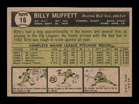 1961 Topps 16 Billy Muffett Exmt Exmt X3016578 Ebay