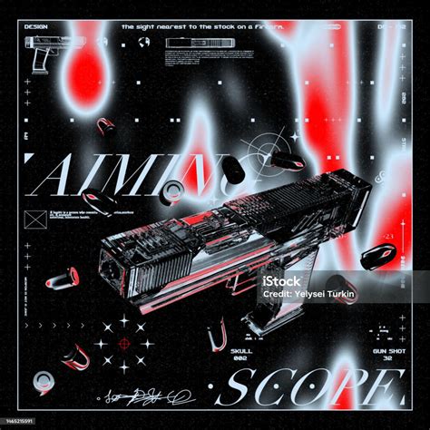 총과 총알이 있는 타이포그래피 테크노 포스터 노이즈가 있는 추상 인쇄 스트리트웨어 검은색 배경에 티셔츠 및 스웨트셔츠용 프린트