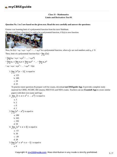 11 Maths Limitandderivatives Tp01 Pdf Mathematics Algebra