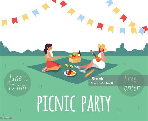 피크닉 여름 파티 초대 템플릿입니다 공원에서 여자 벡터 남자에 대한 스톡 벡터 아트 및 기타 이미지 남자 디자인 만화