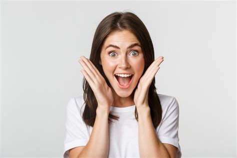 Close Up Of Excited Happy Brunette Surprise Face Thinking Pose Brunette