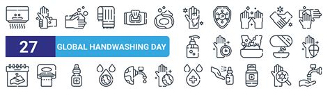 손 건조기 손 씻기 손 씻기 바이러스 시간 티슈 물방울 손 씻기 벡터 얇은 선 아이콘과 같은 27개의 개요 웹 글로벌 손씻기 날 아이콘 세트 모바일 앱 손 씻기에 대한 스톡